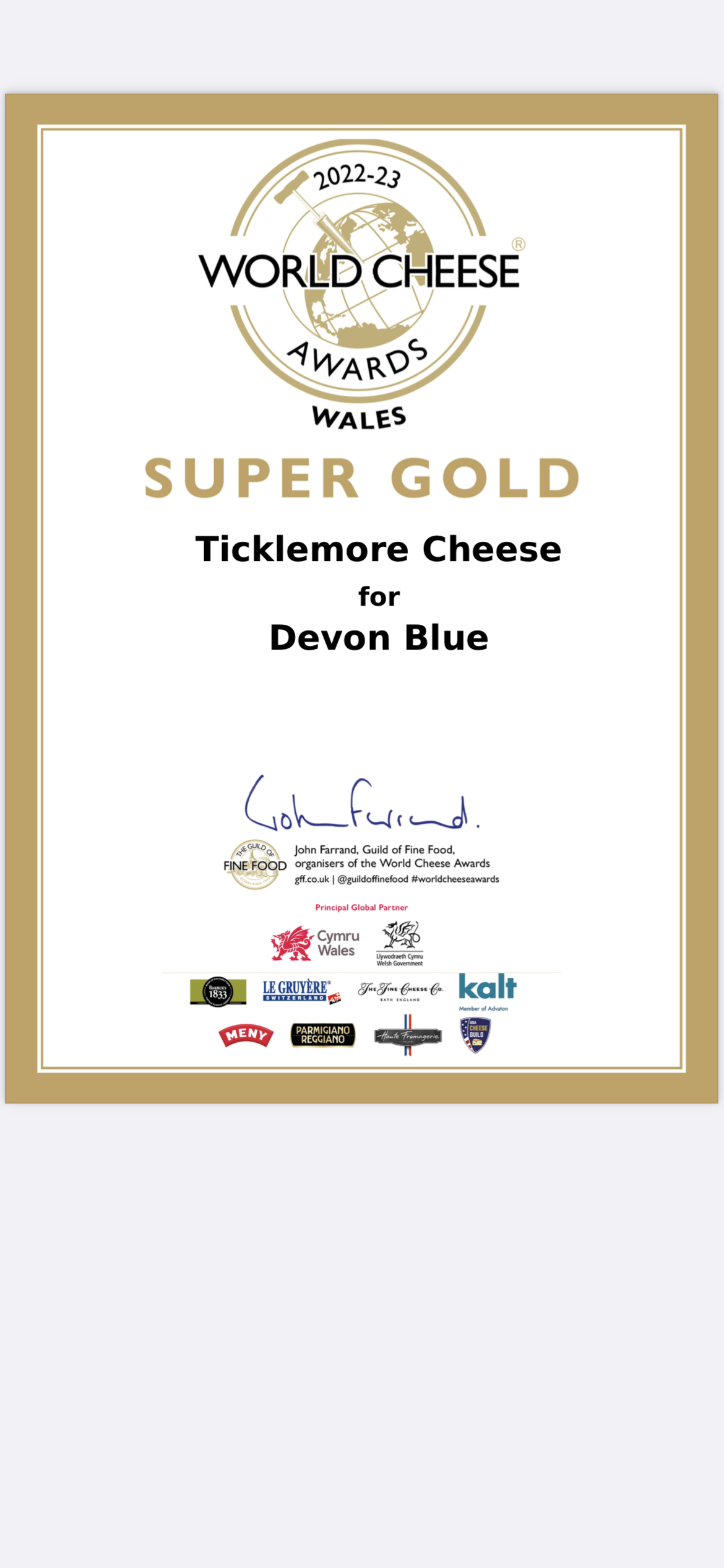 Devon Blue wins Super Gold at The World Cheese Awards – Ticklemore ...